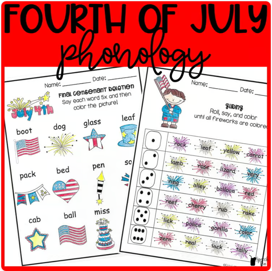 Fourth of July Phonology Printables | July 4th Phonology for Speech Th ...