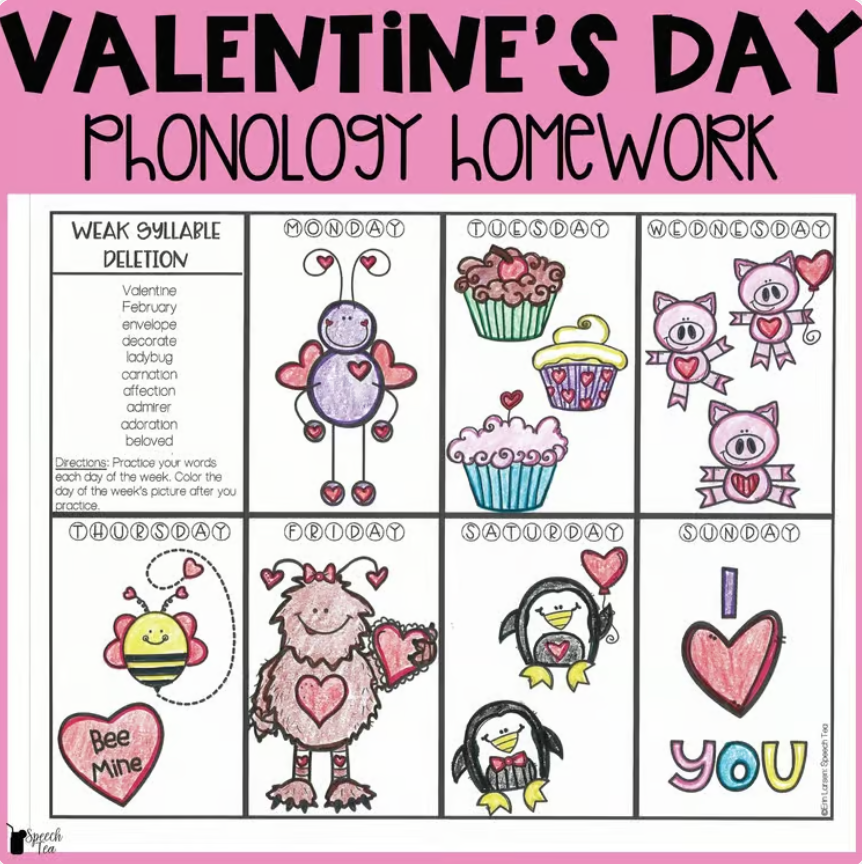 Valentine's Day Phonology Homework for Speech Therapy – SpeechTea
