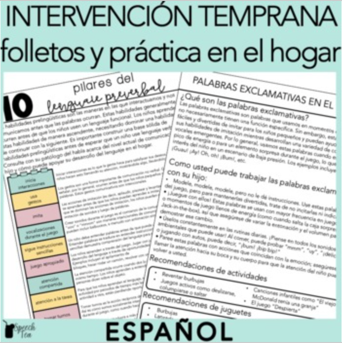 SPANISH Early Intervention Handouts and Carryover for Prelinguistic Sk ...
