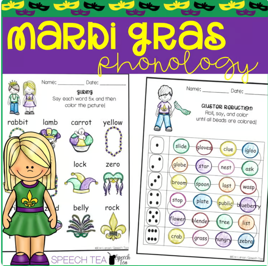 Mardi Gras Phonology Printables for Speech Therapy – SpeechTea